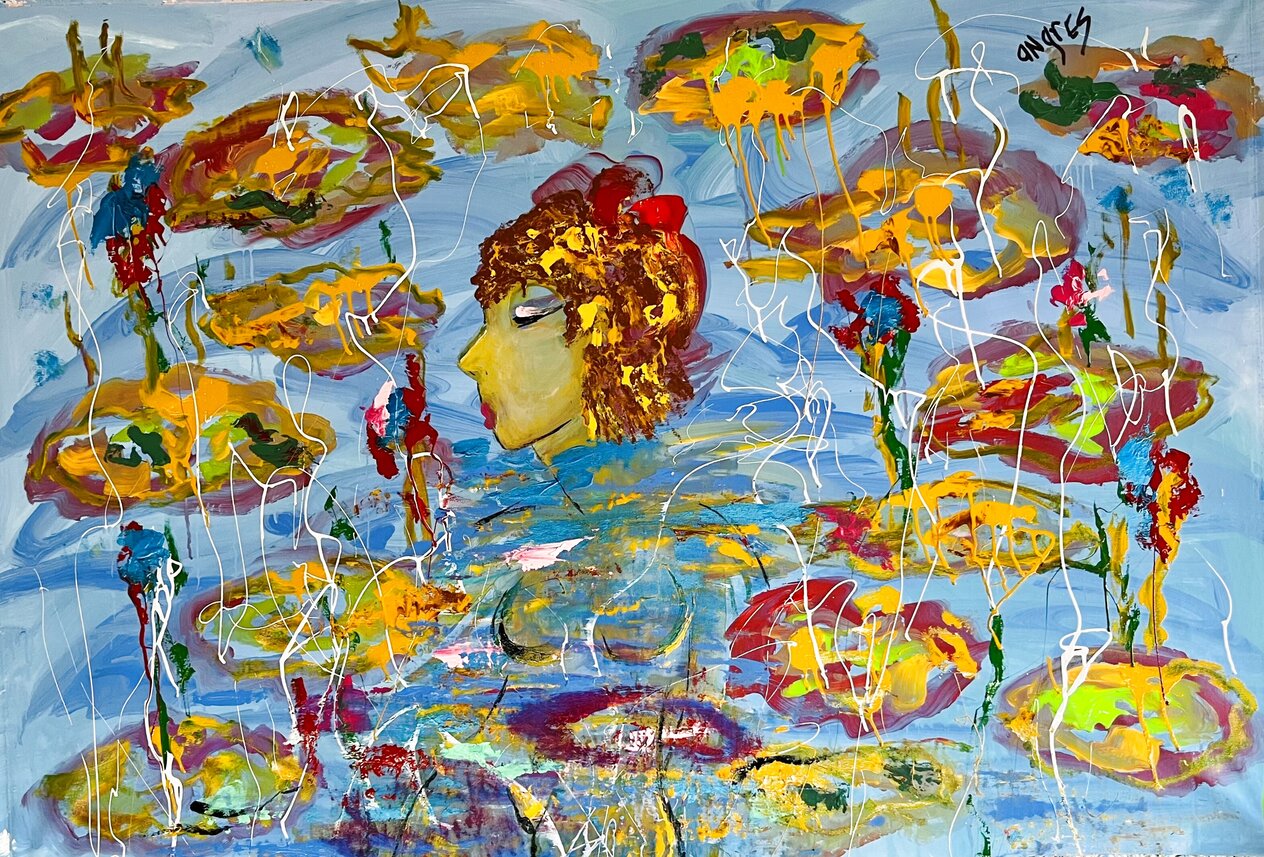 Swimming in Lilypond 2020 Mixed Media on Canvas by Giora Angres - For ...
