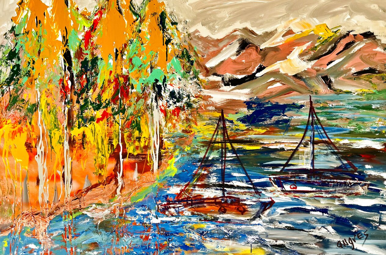 Lake Tahoe Sailing 2017 Oil and Acrylic on Canvas 44x62 by Giora Angres ...