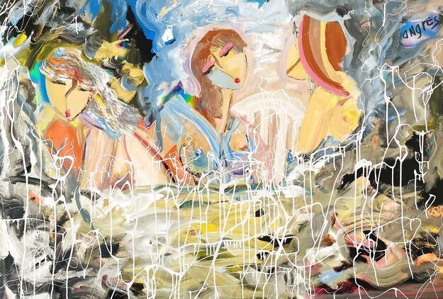 Coffee in the Park 2020 Oil and Acrylic on Canvas 45x62 by Giora Angres ...