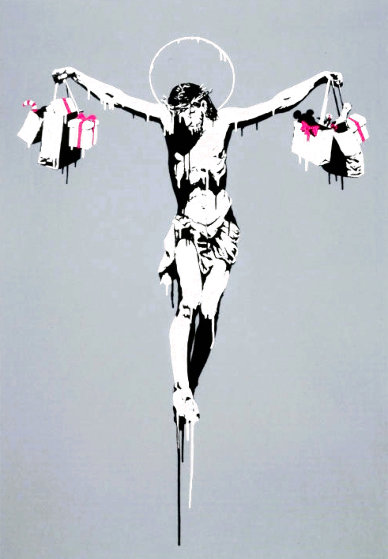 Banksy pop art , michelangelo david, humorous art by Banksy
