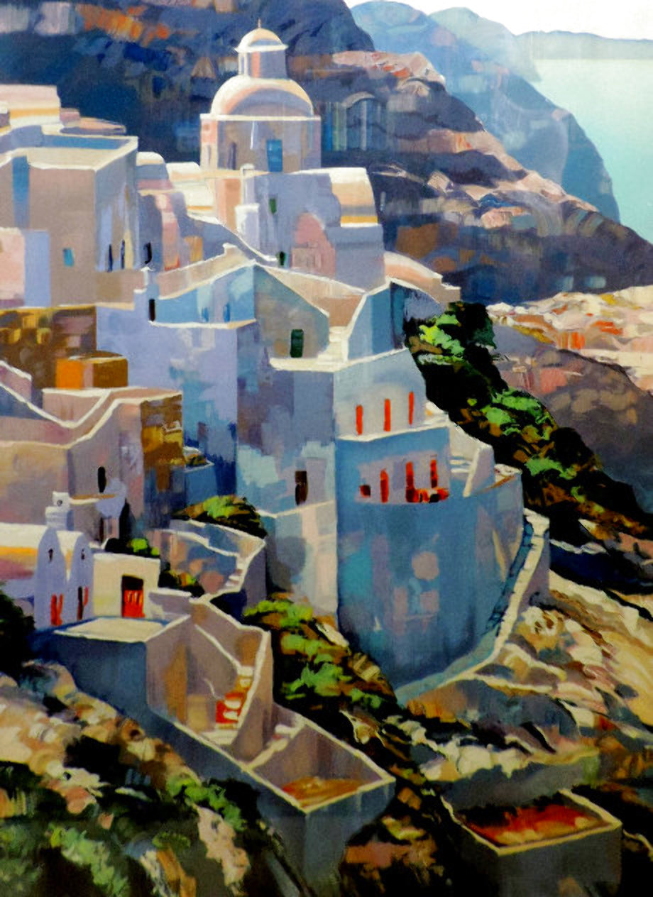 Hillside at Fira Serigraph 25x37 by Howard Behrens - For Sale on Art ...
