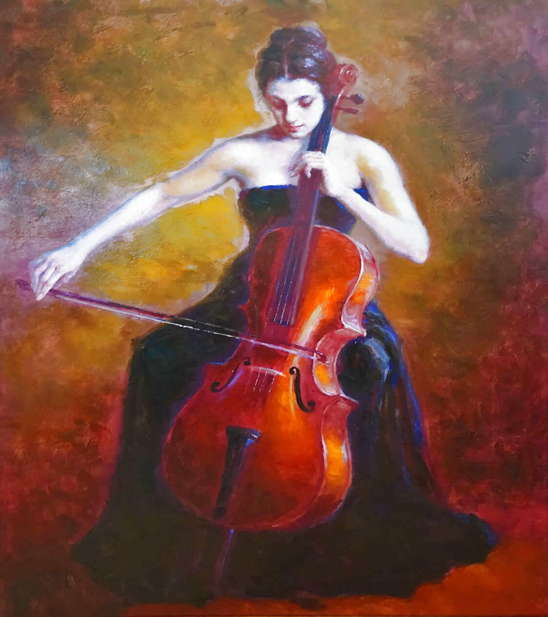 Untitled Cellist Portrait Framed Oil on Canvas 36x24 by Irene Borg ...