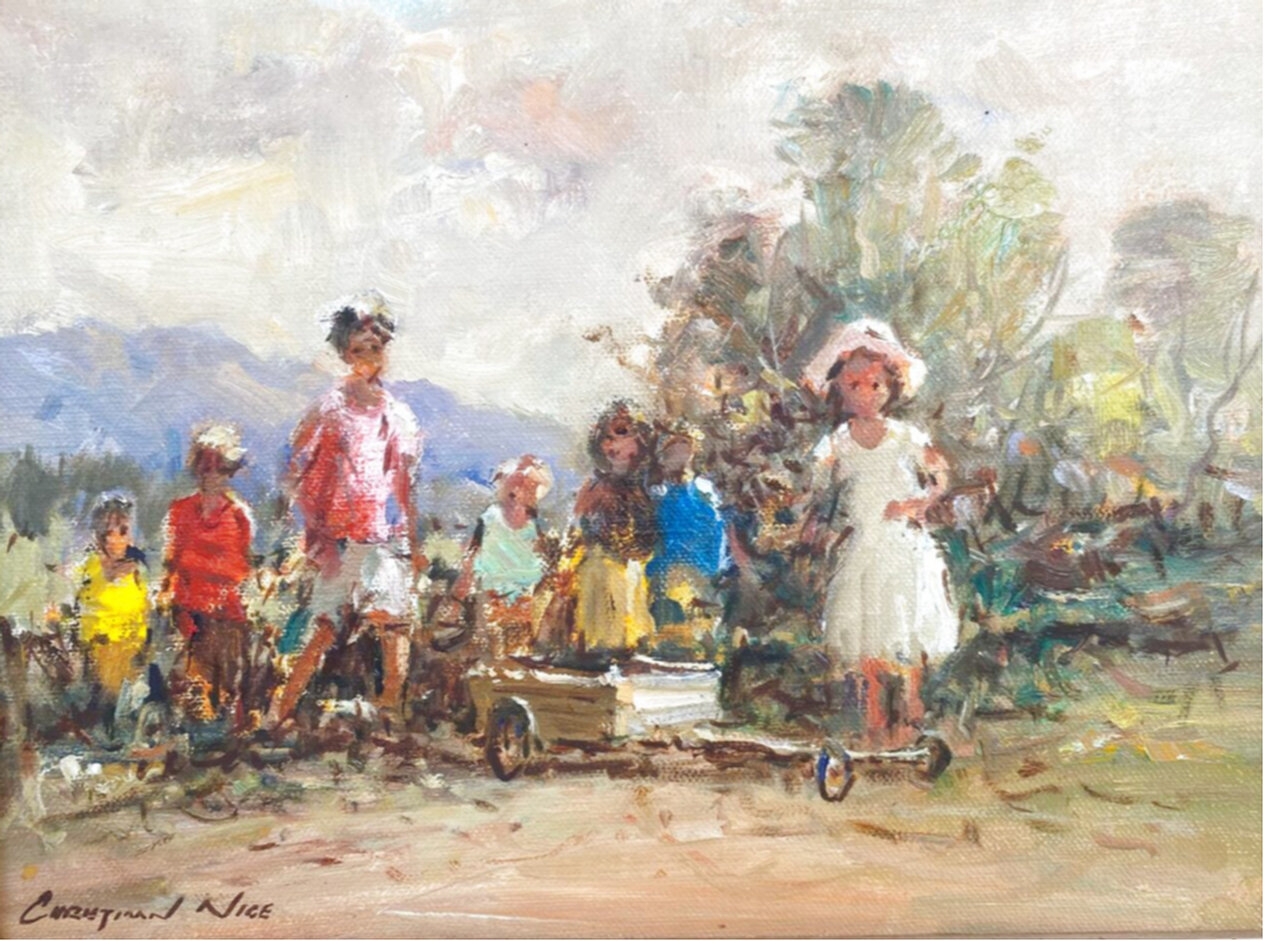 Kids with Box Cart Framed Oil on Canvas 8x12 by Christiaan Nice - For ...