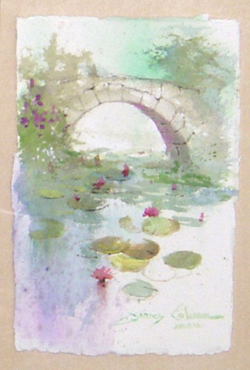Under the Stone Bridge / A Tropical Pond set of 2 Framed Watercolors ...