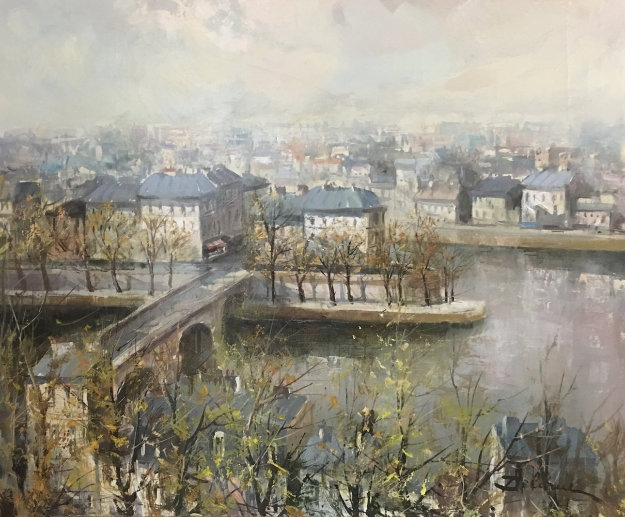 lucien delarue original painting, town with river and bridge by Lucien ...