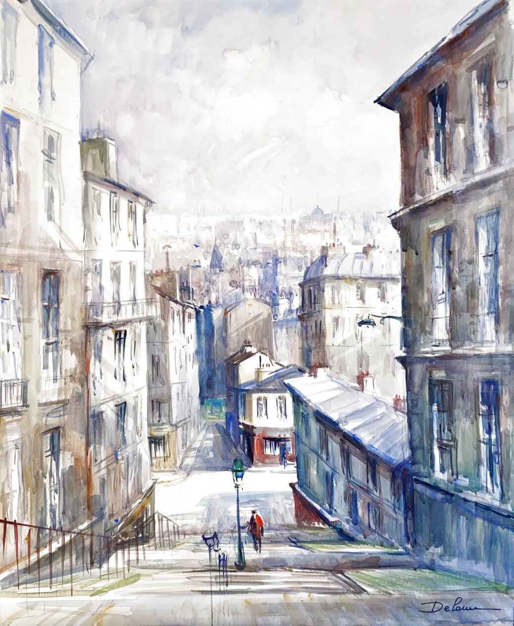Parisian View Watercolor 26x20 by Lucien DeLaRue - For Sale on Art ...
