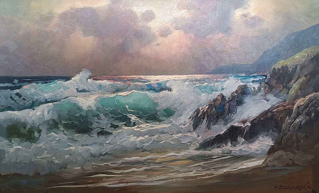 Pacific Sunset 1975 Framed Oil On Canvas 24x40 By Alex Dzigurski For