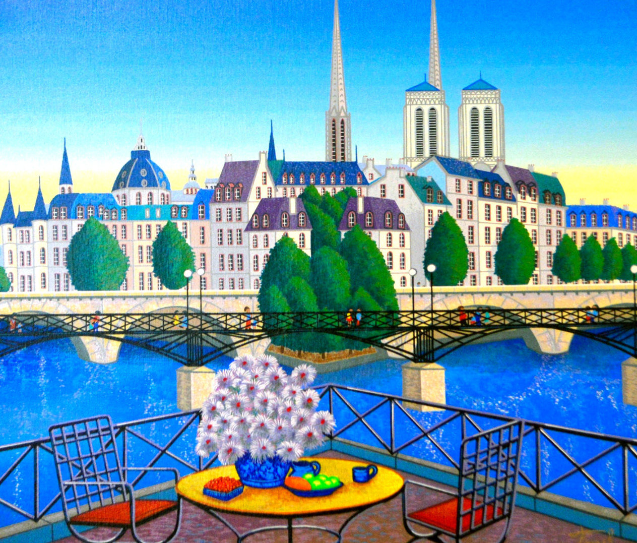 Paris Pont Des Arts 2001 Embellished Serigraph 17x20 by Fanch Ledan