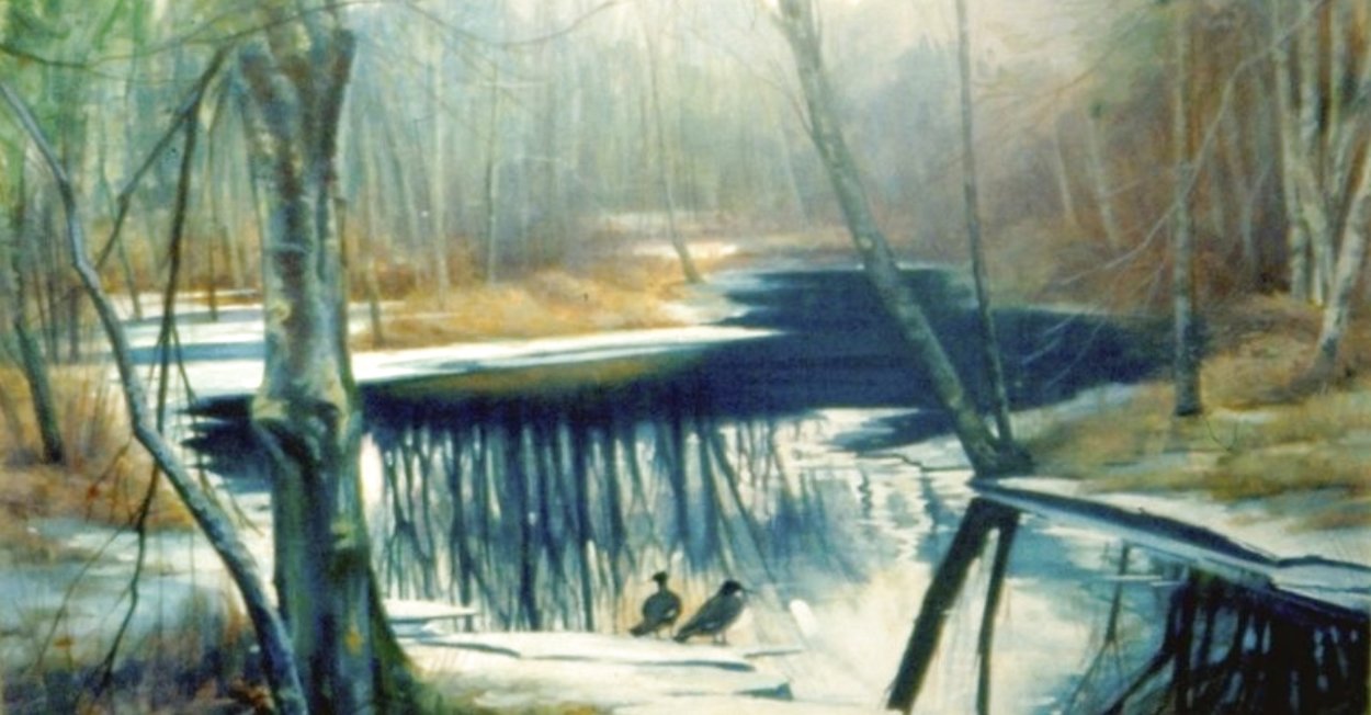 Two Goosanders 1985 Oil and Gouache 12x16 by Jack Faragasso