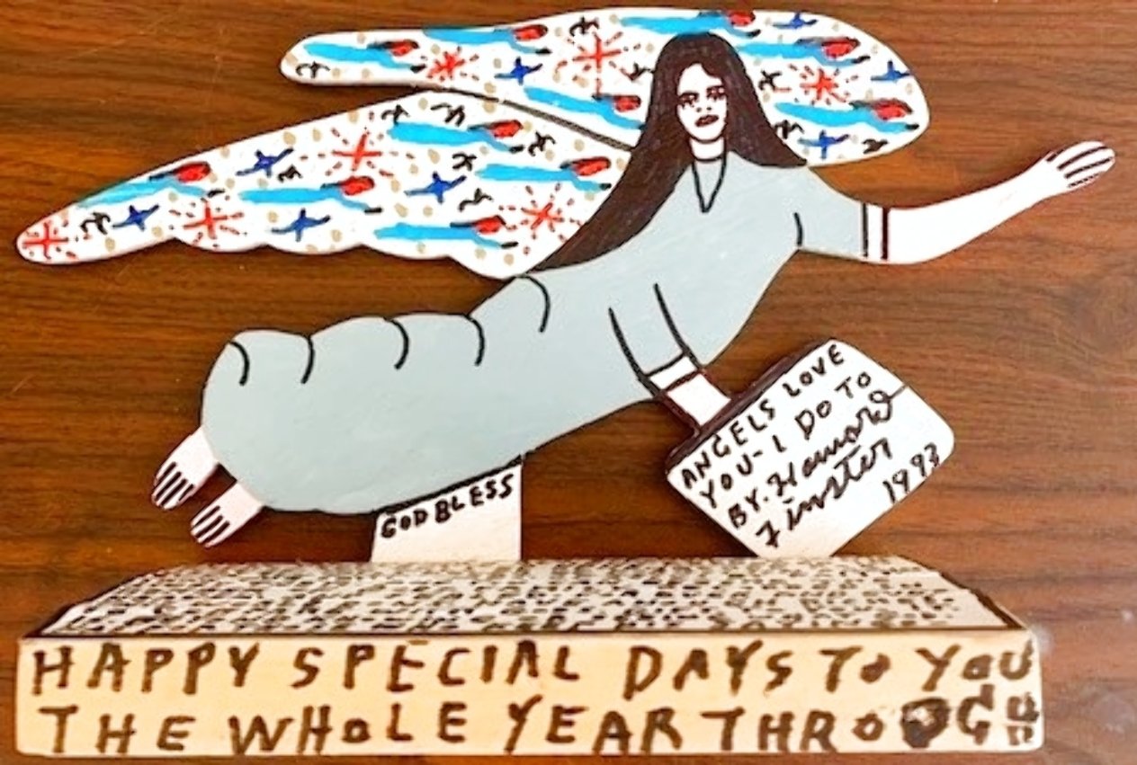 Angel of Birthdays 1993 11x7 Signed 3 Times by Howard Finster