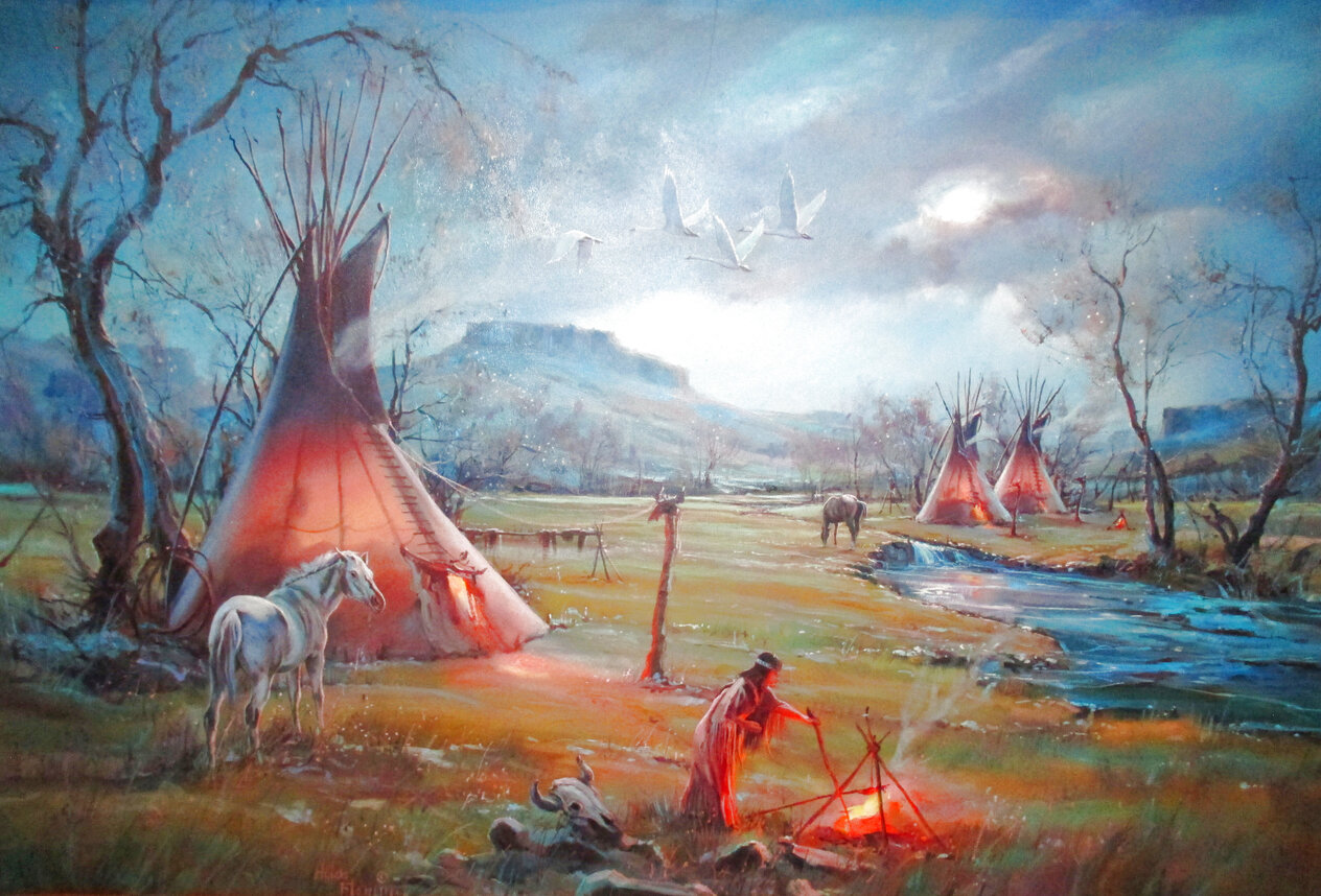 Untitled Native American Scene Framed Oil on Board by Hulan Fleming ...