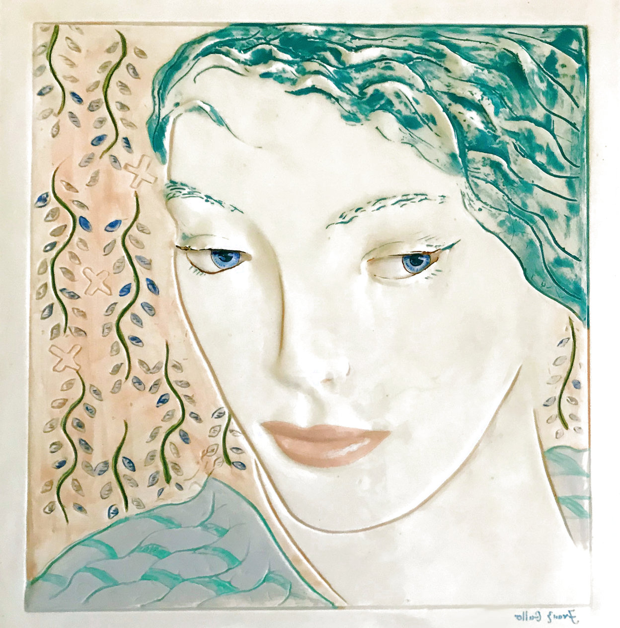 Blue-Haired Female Bust Tile, Tile Relief Sculpture, 16x15x1, by Frank ...