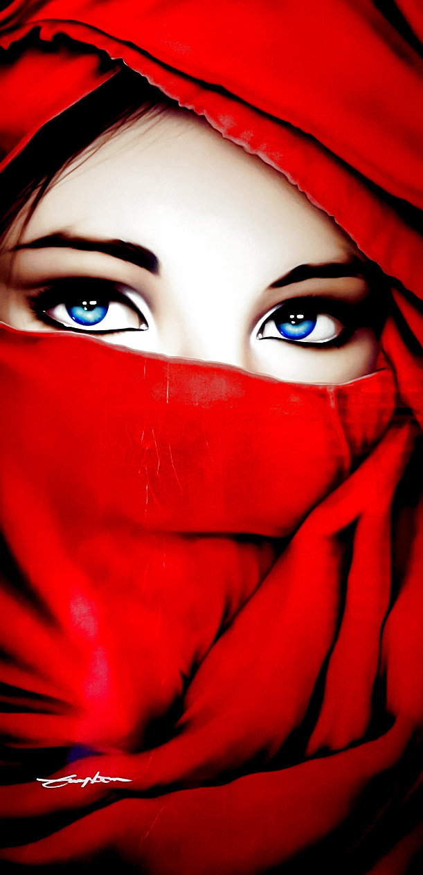 Red Veil With Blue Eyes Unique 2019 Mixed Media 40x18 by Patrick Guyton ...