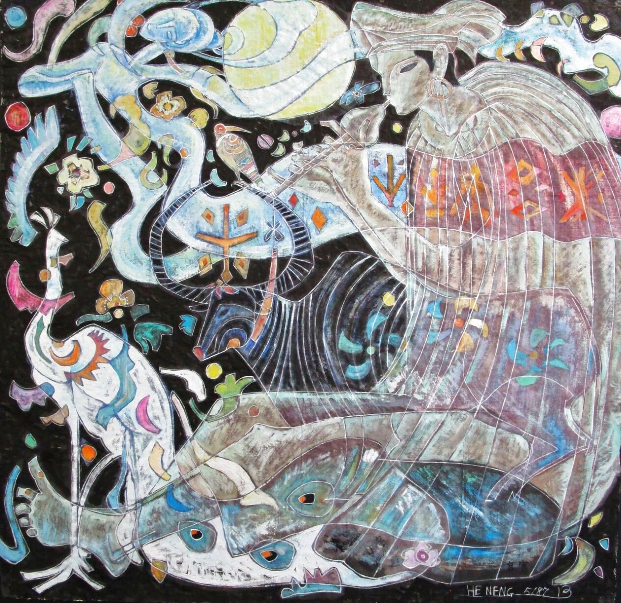 Flute Player 1987 Acrylic by He Neng - For Sale on Art Brokerage