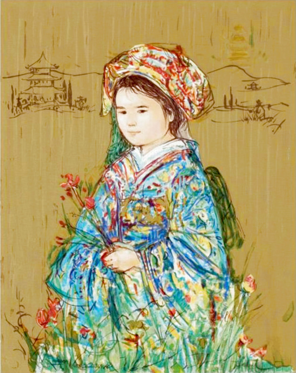 Festival Kimono Serigraph 15x20 by Edna Hibel - For Sale on Art Brokerage