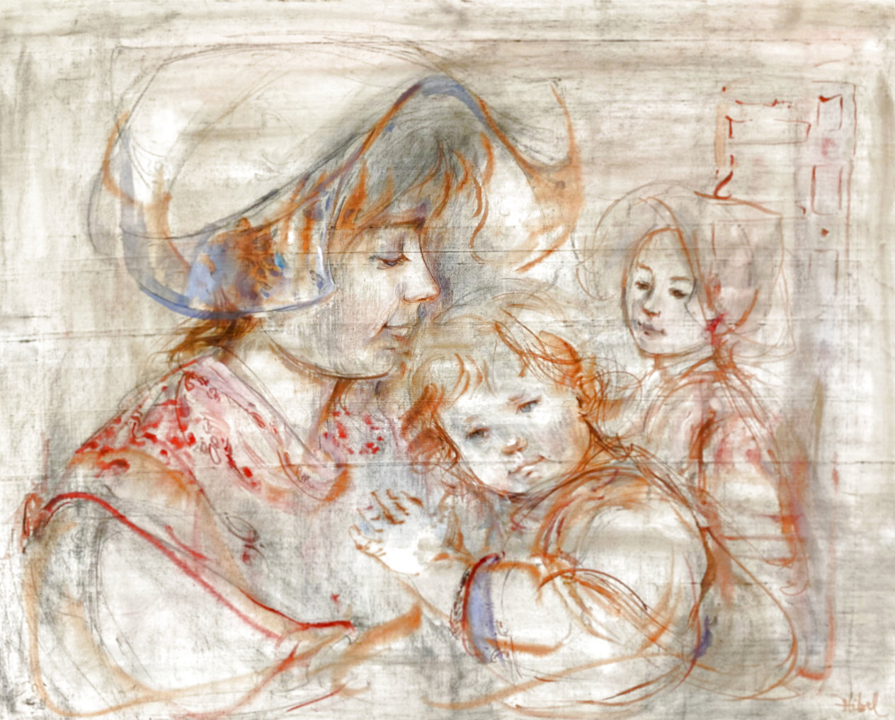 Mother and Children Oil on Silk 24x29 by Edna Hibel - For Sale on Art ...