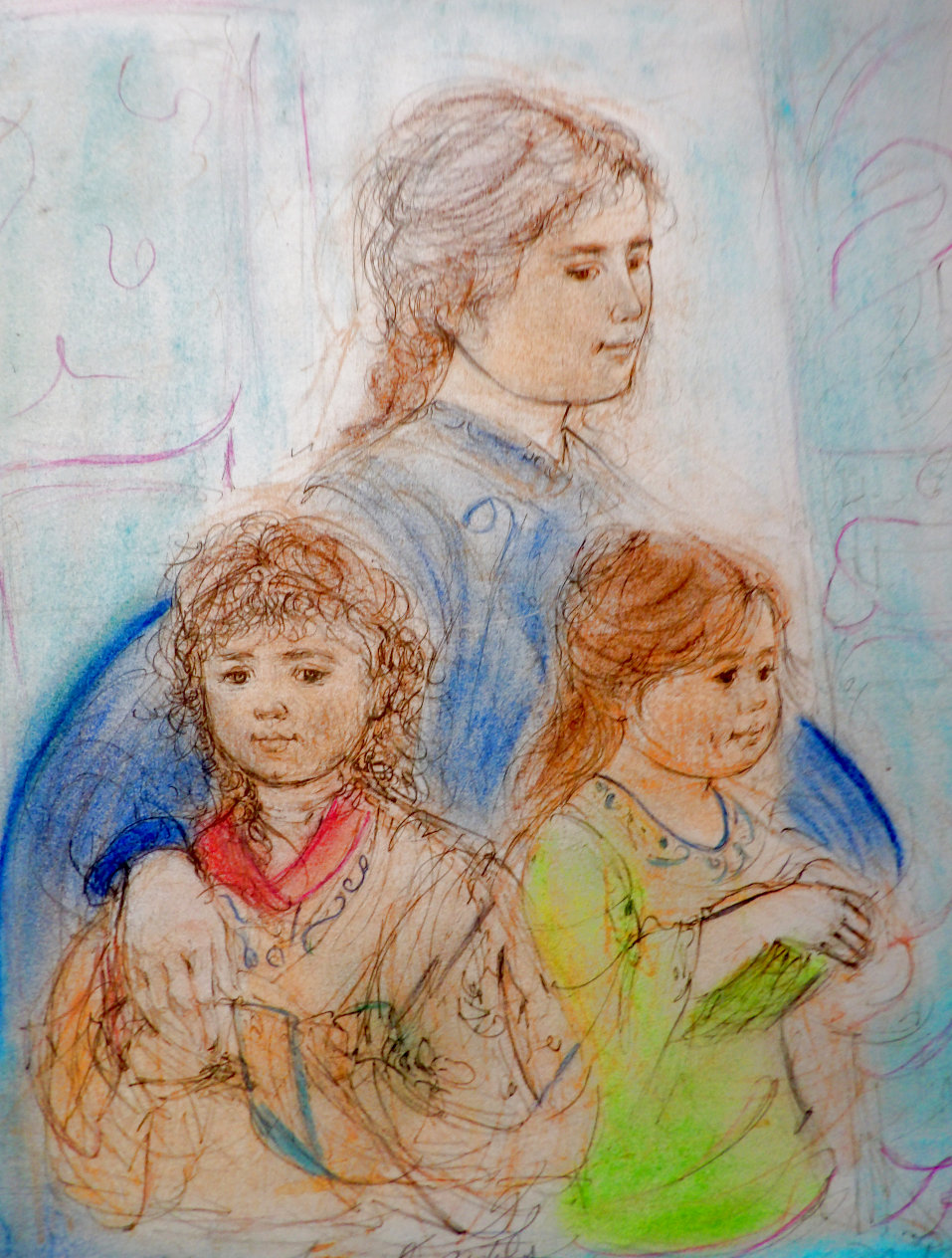 Mother and Two Children 1979 Lithograph 17x14 by Edna Hibel - For Sale ...