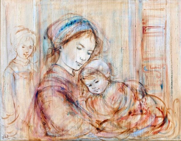 Mother and Children Oil on Silk 30x37 by Edna Hibel - For Sale on Art ...