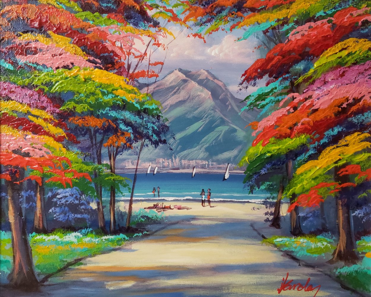 Janos Kardos acrylic landscape, mountains and trees by Janos Kardos