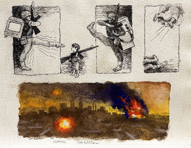 Achtung Watercolor by Joe Lasker - For Sale on Art Brokerage