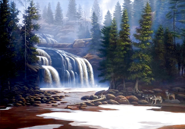 Gooseberry Falls with Wolves 2003 Oil on Canvas 32x34 by Leo Stans ...
