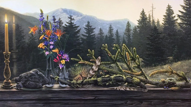 Stephen Lyman print of window sill with landscape and candles by ...