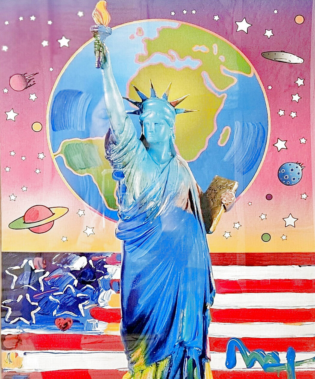 Liberty with Earth and Flag Unique 2006 Framed Mixed Media 19x15 by Peter Max - For Sale on Art ...