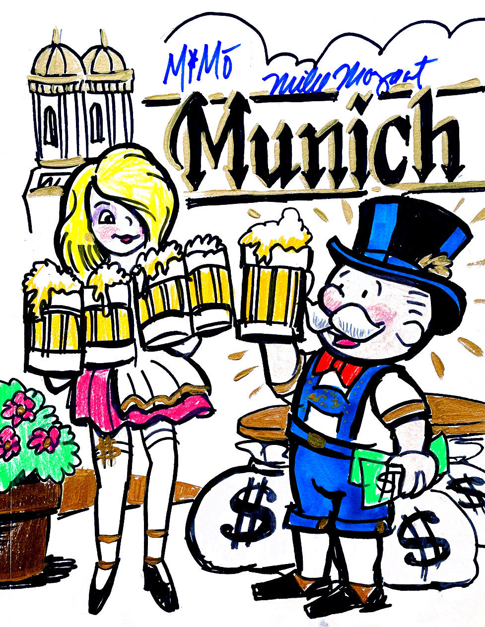 Monopoly Man in Munich 2008 Mixed Media Drawing 12x9 by MiMo