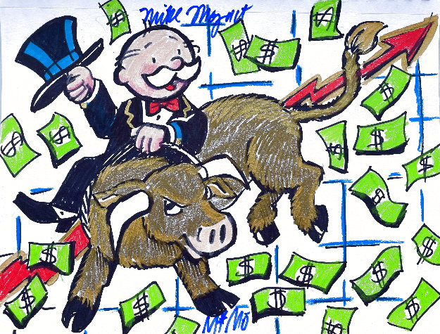 Monopoly Man Rides the Bull Market 2008 Mixed Media Drawing 12x9 by ...