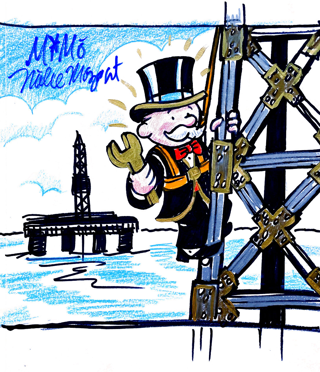 Monopoly Man Working on the Oil Rig 2008 Mixed Media Drawing 12x9 by ...