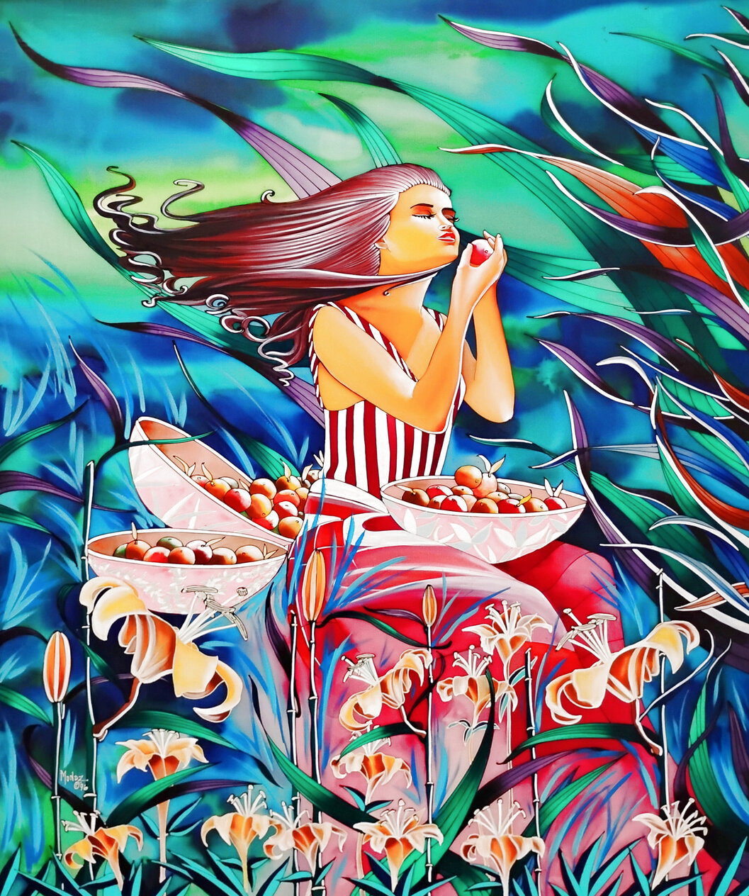 Fruits of Love 1996 Acrylic on Chinese Silk by Ron Mondz - For Sale on Art Brokerage