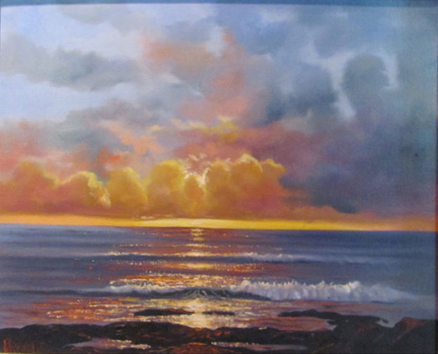 Red Sunset 1974 Oil Painting 15x30 by Violet Parkhurst