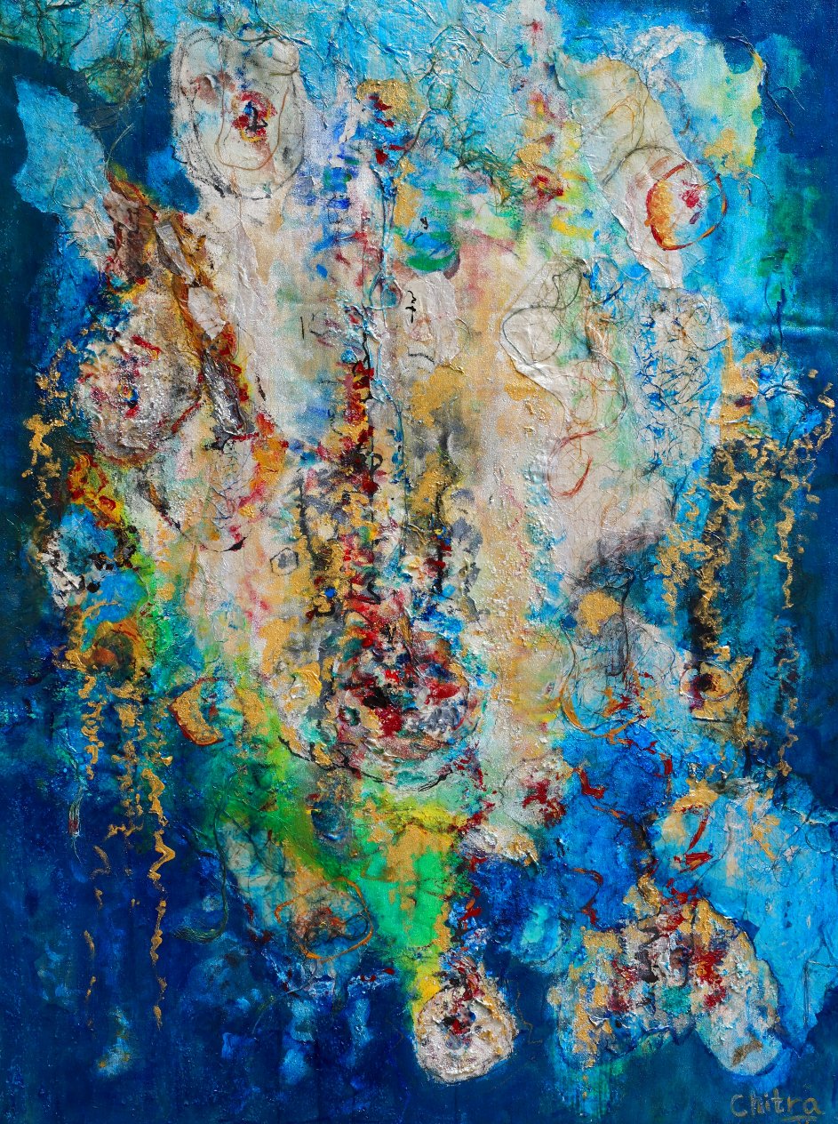 Joyful Confluences 2020 Acrylic and Collage on Canvas 48x38 by Chitra ...