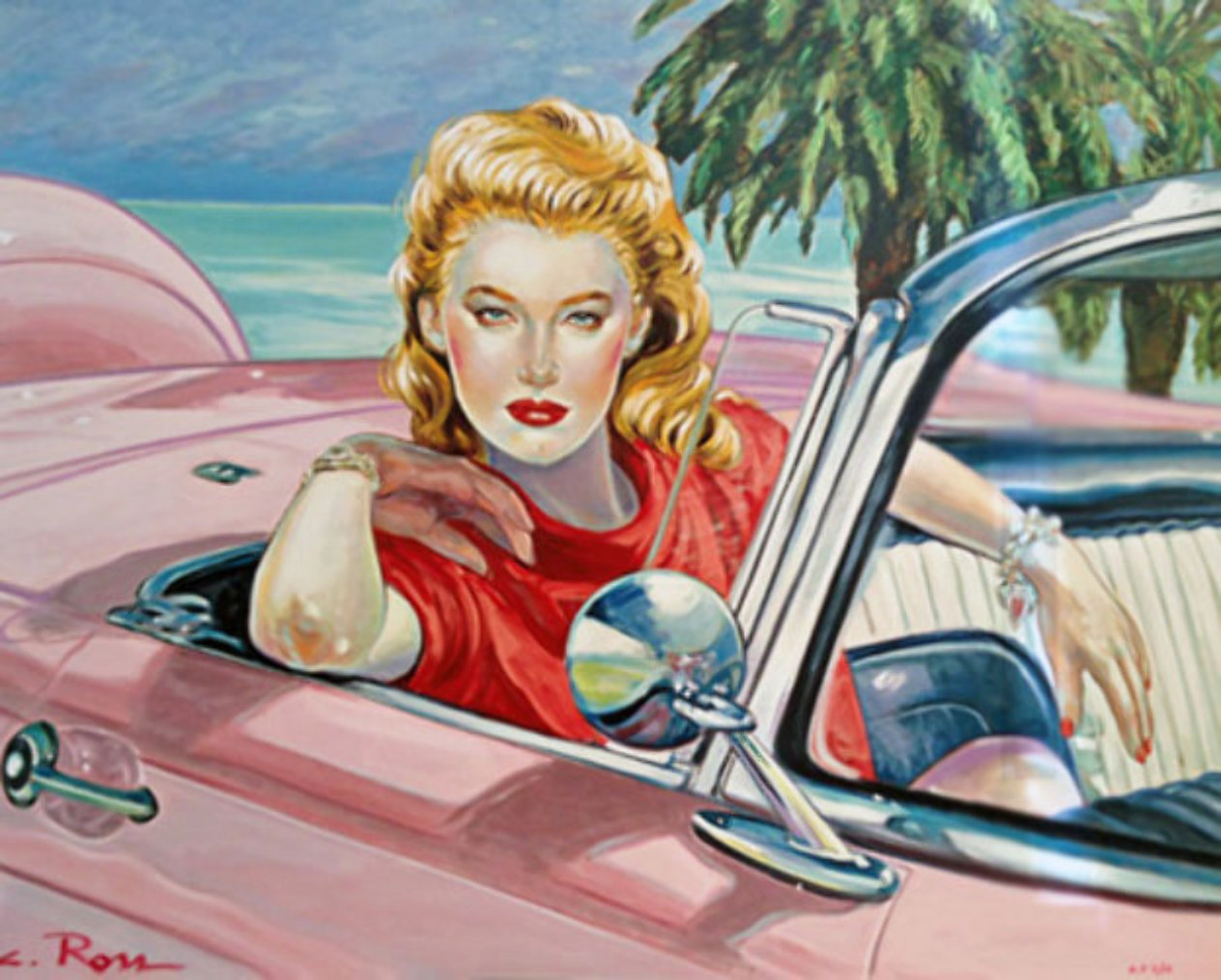 Colleen Ross Bird of Paradise , print, girl in pink classic convertible ...