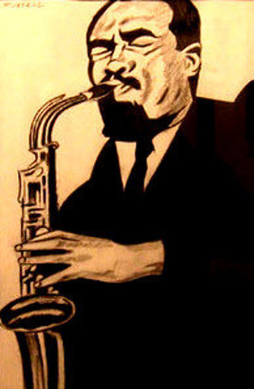 Sax Man Charcoal on Paper 14x11 by Jay Russell - For Sale on Art Brokerage