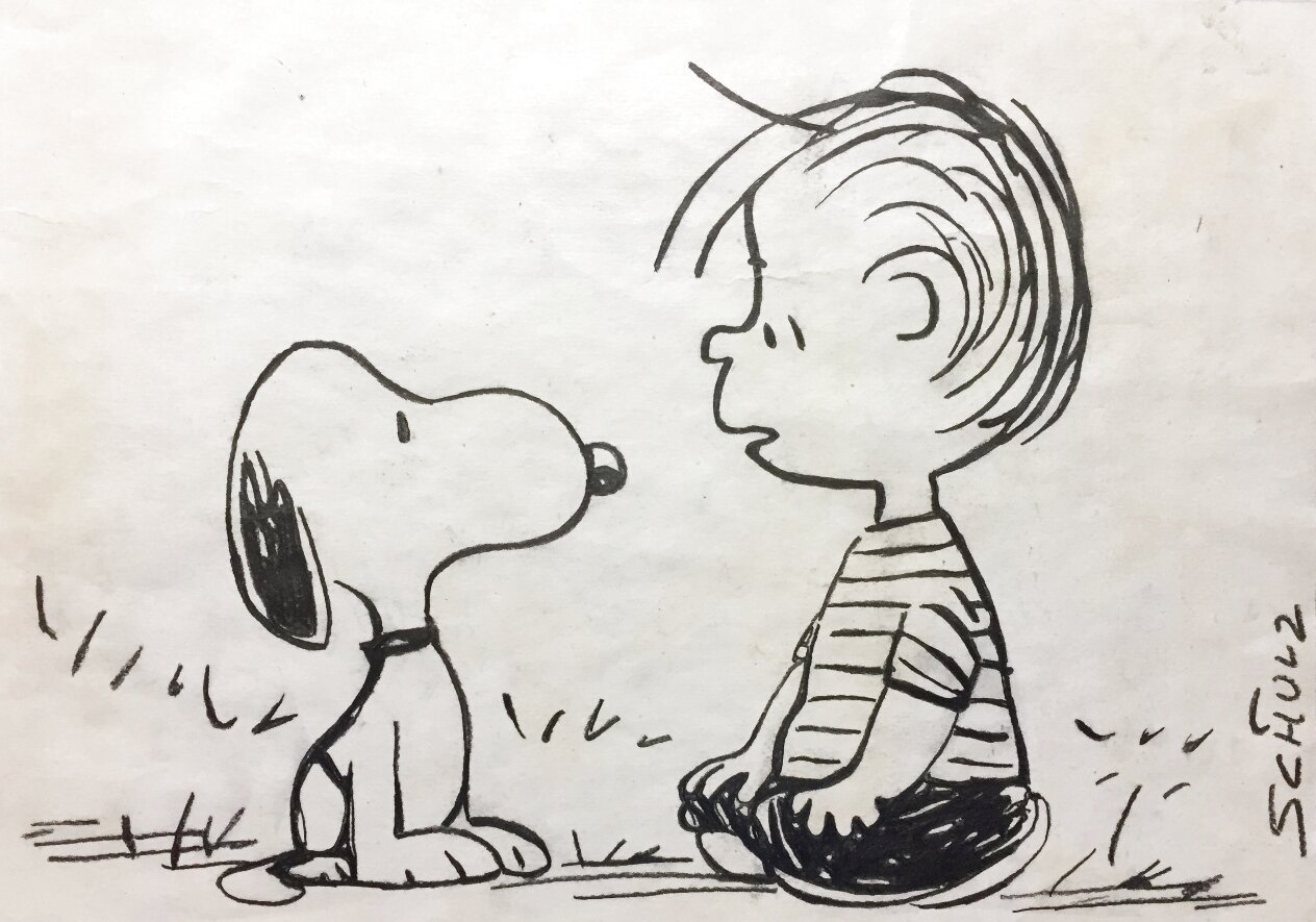 Linus and Snoopy Ink Drawing by Charles Schulz - For Sale on Art Brokerage