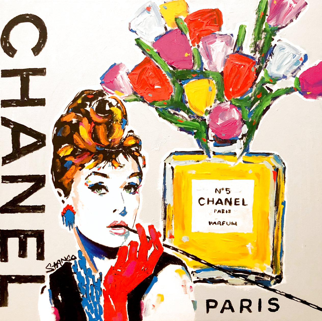 Audrey Hepburn Chanel Bottle 2018 Acrylic on Canvas 32x32 by John Stango - For Sale on Art Brokerage