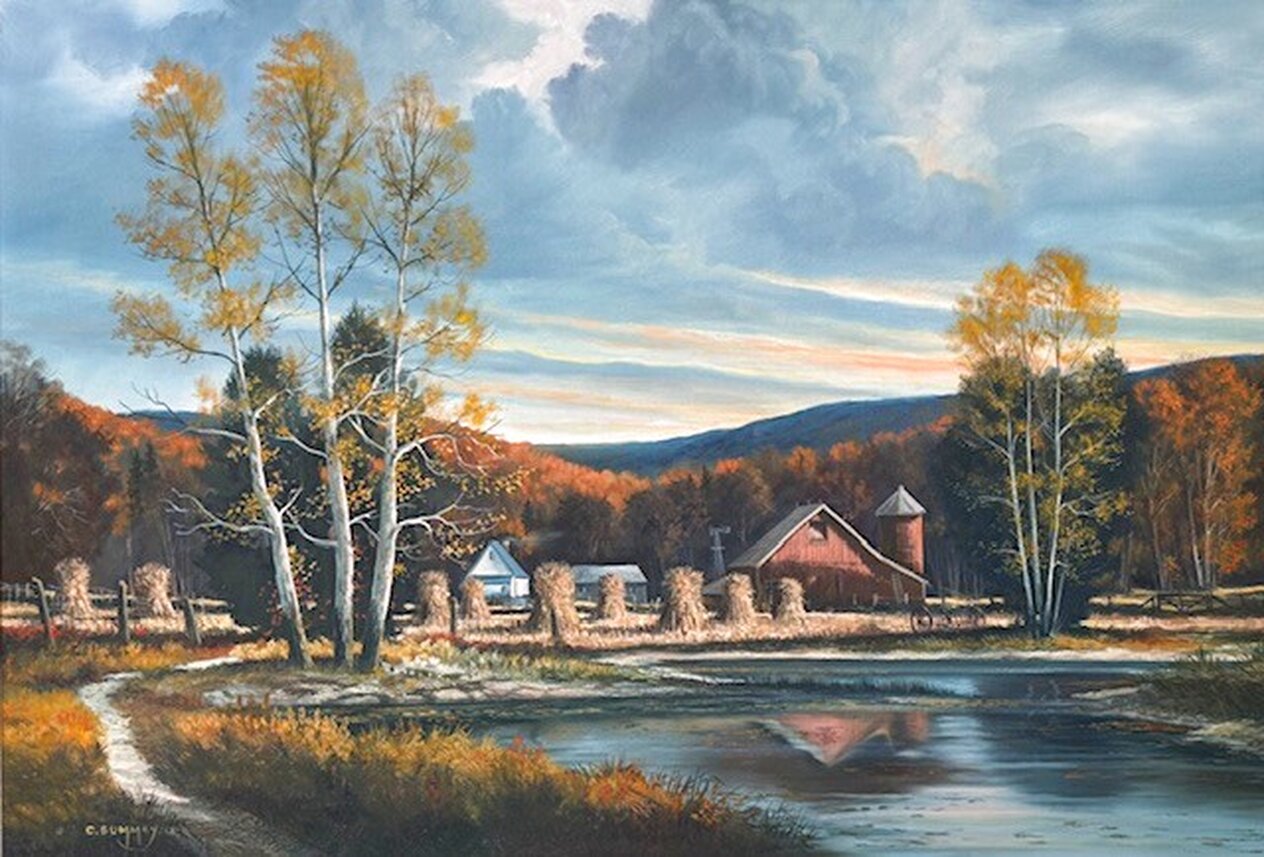 Untitled Autumn Farm Pond with Corn Shocks 1968 Framed Oil on Canvas ...