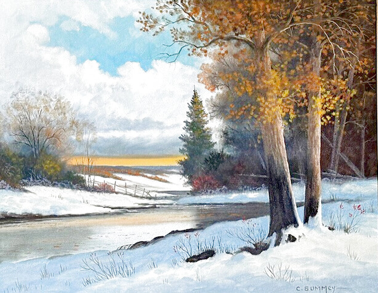 Winter Scene 1971 Framed Oil on Canvas 16x20 by Charles Summey - For ...