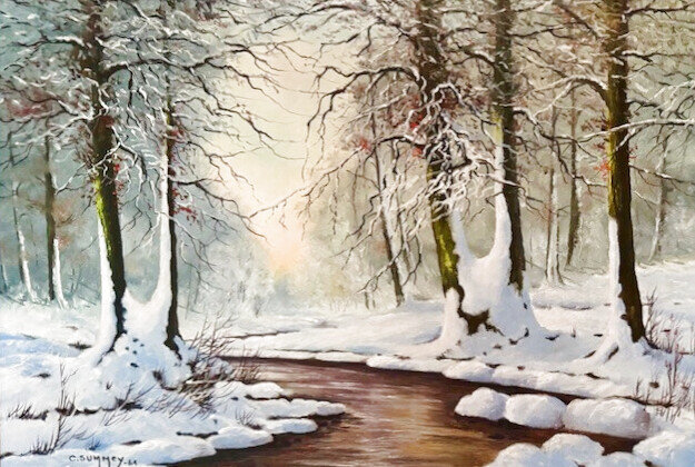 Untitled Winter Landscape 1964 Framed Oil on Canvas 24x36 by Charles ...