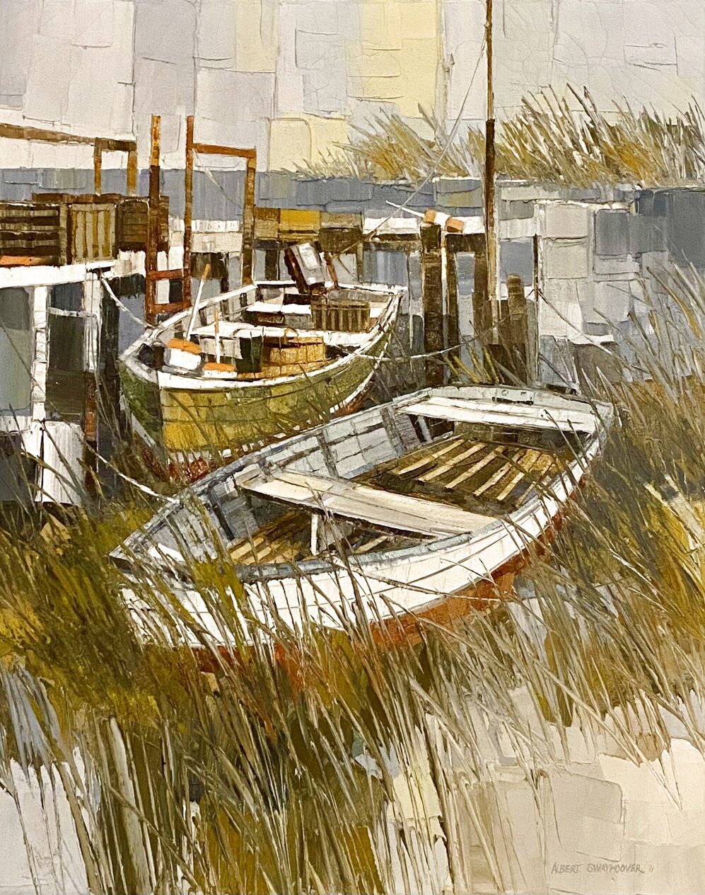 Boats at the Dock 1971 Framed Oil on Canvas by Albert Swayhoover - For ...