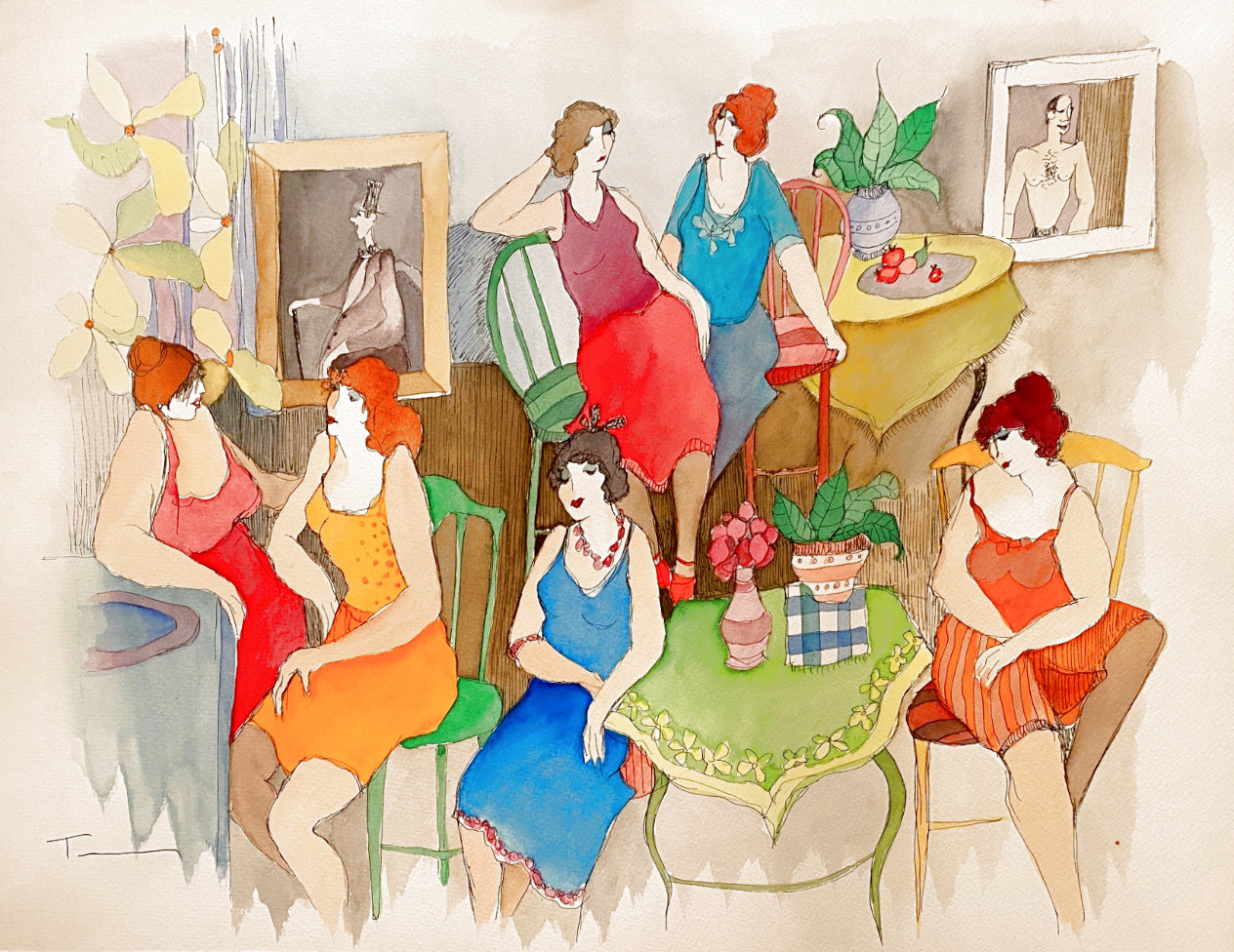 Chat Room 2005 Watercolor by Itzchak Tarkay - For Sale on Art Brokerage