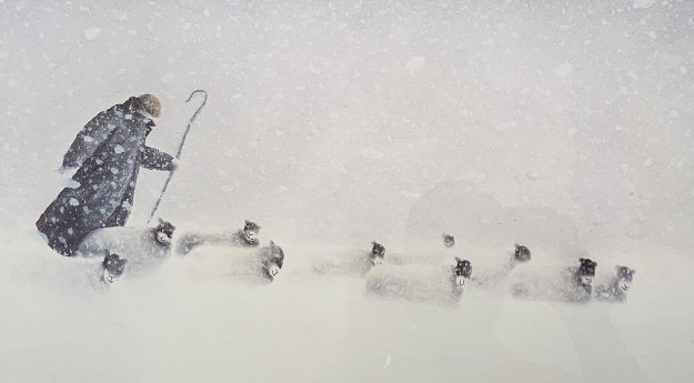 Mackenzie Thorpe print of winter scene, flock of sheep by Mackenzie ...