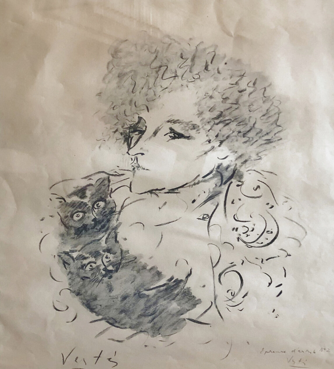 Portrait of Collette with Two Cats AP Framed Limited Edition Lithograph ...