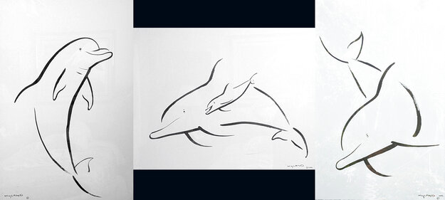 Dolphin Triptych 2000 Framed Chinese Sumi-e Brush Art by Robert Wyland ...